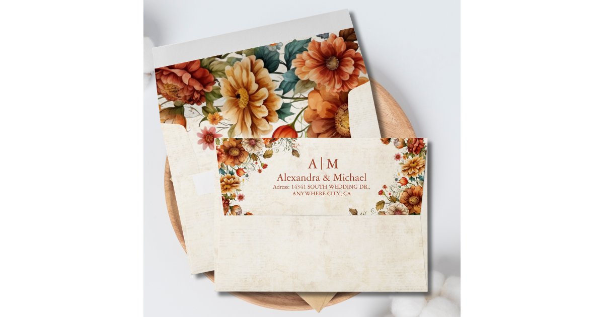 Rust Terracotta Flowers Burnt Orange Fall Wedding Envelope | Zazzle