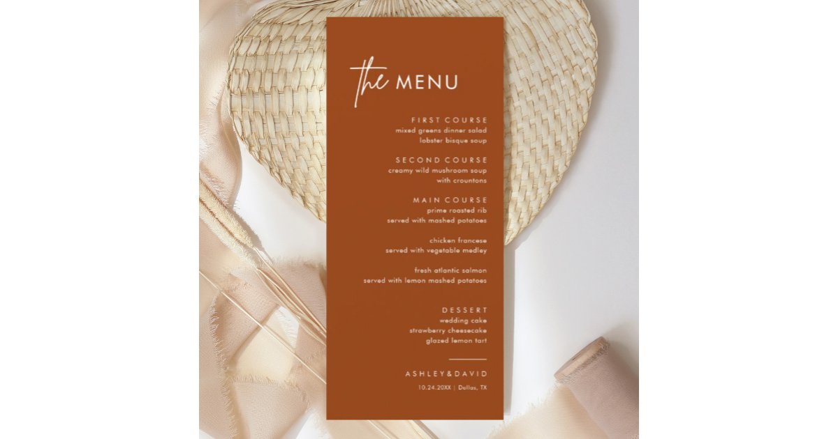 Rust Terracotta Wedding Dinner Menu | Zazzle