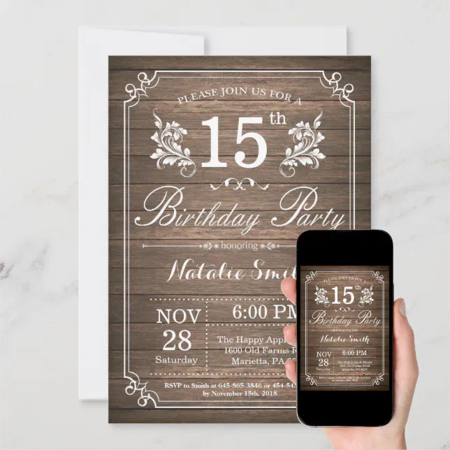 Rustic 15th Birthday Invitation Floral | Zazzle