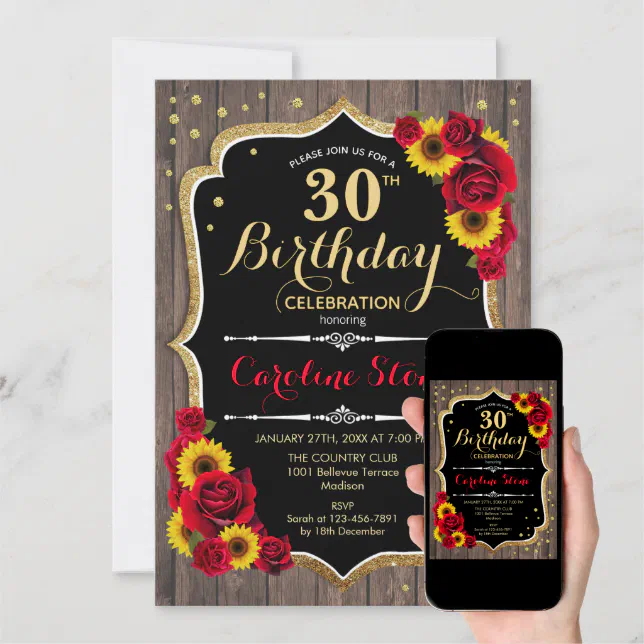 Rustic 30th Birthday - Roses Sunflowers Wood Invitation | Zazzle