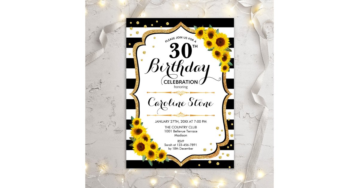 Rustic 30th Birthday - Sunflowers Stripes Invitation | Zazzle