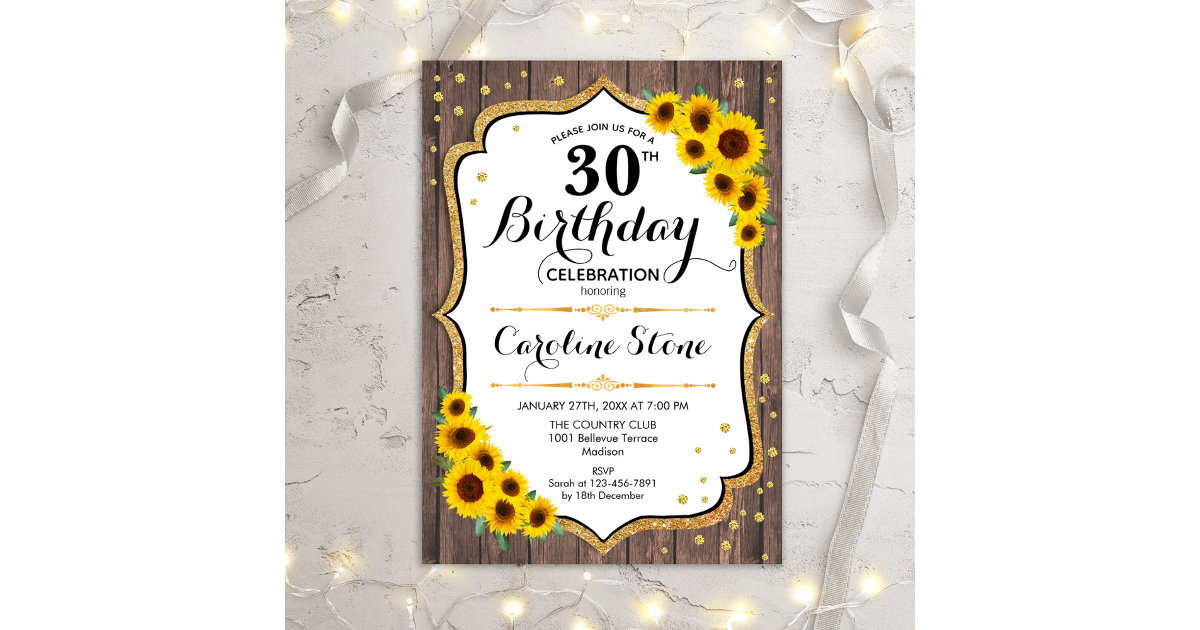 Rustic 30th Birthday - Sunflowers Wood Invitation | Zazzle