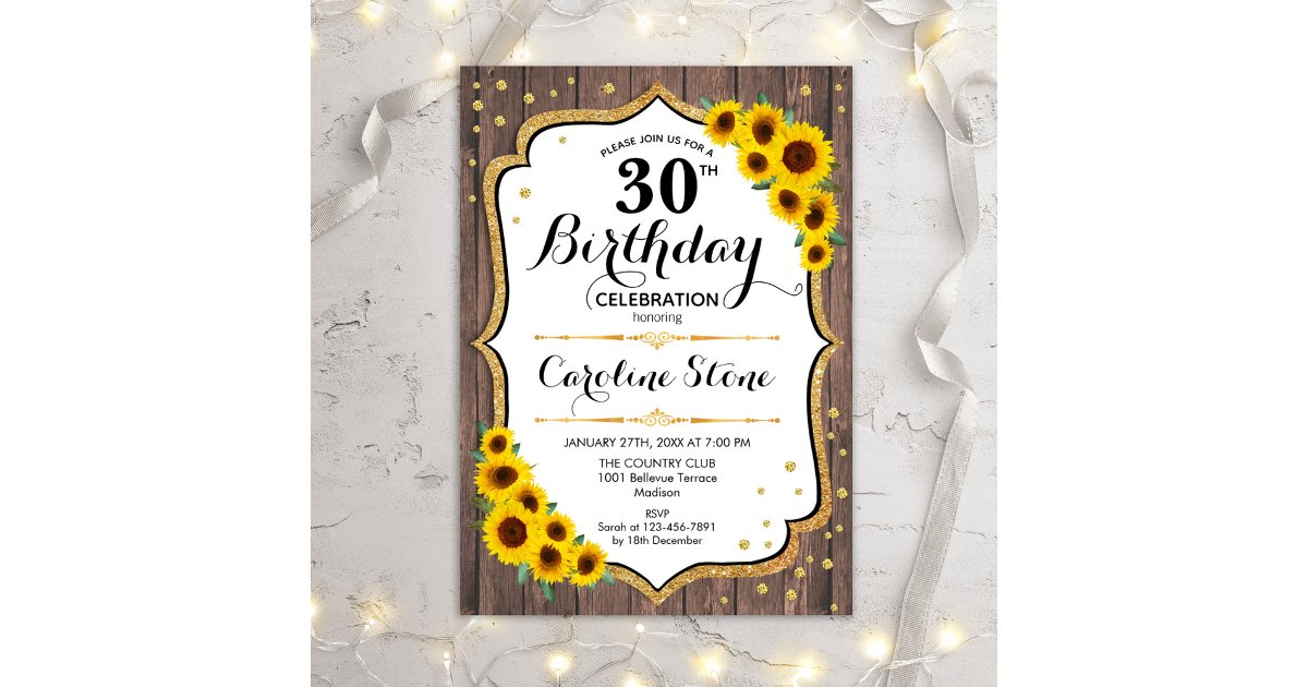 Rustic 30th Birthday - Sunflowers Wood Invitation | Zazzle