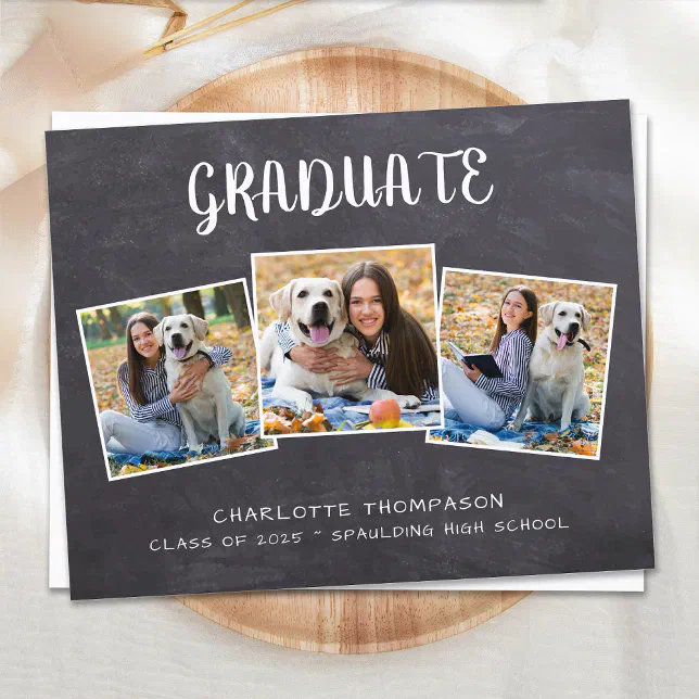Rustic 3 Photo Chalkboard Graduation Announcement Postcard | Zazzle