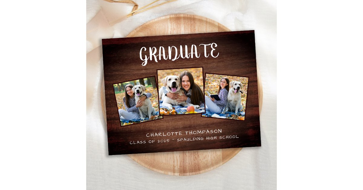 Rustic 3 Photo Wood Graduation Invitation Postcard | Zazzle