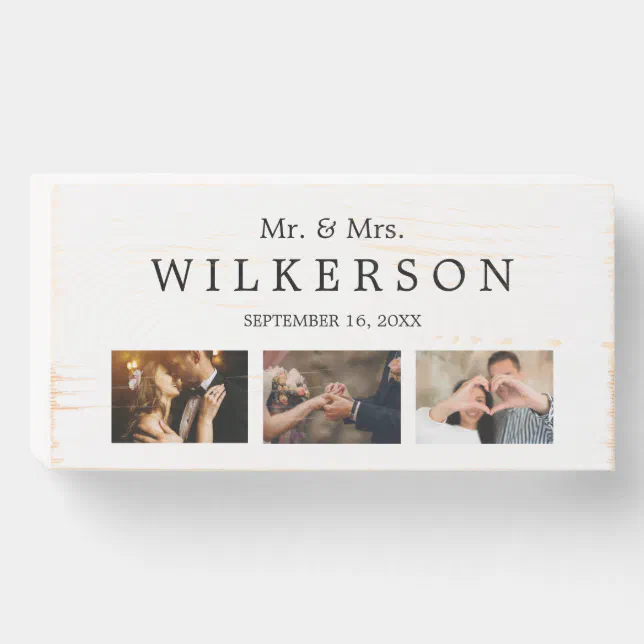 Rustic 3 Photos Mr and Mrs Name Date Wooden Box Sign | Zazzle