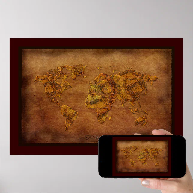 Rustic 3D Rust-tone World Map Art Poster | Zazzle