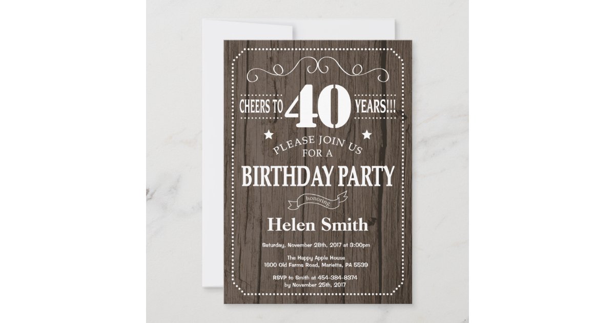 Rustic 40th Birthday Invitation | Zazzle