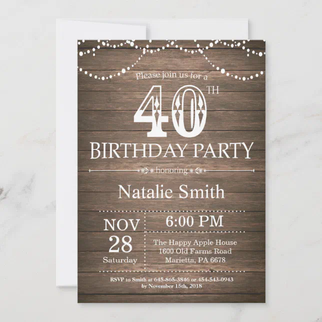 Rustic 40th Birthday Invitation String Lights | Zazzle