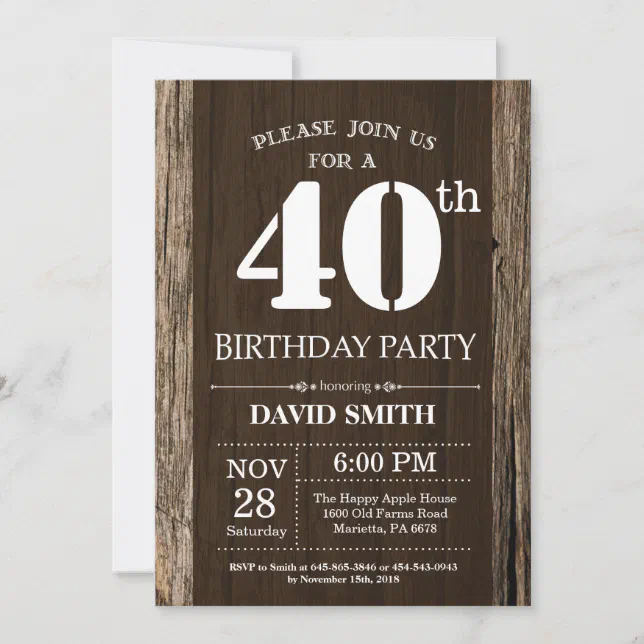 Rustic 40th Birthday Invitation Vintage Wood | Zazzle