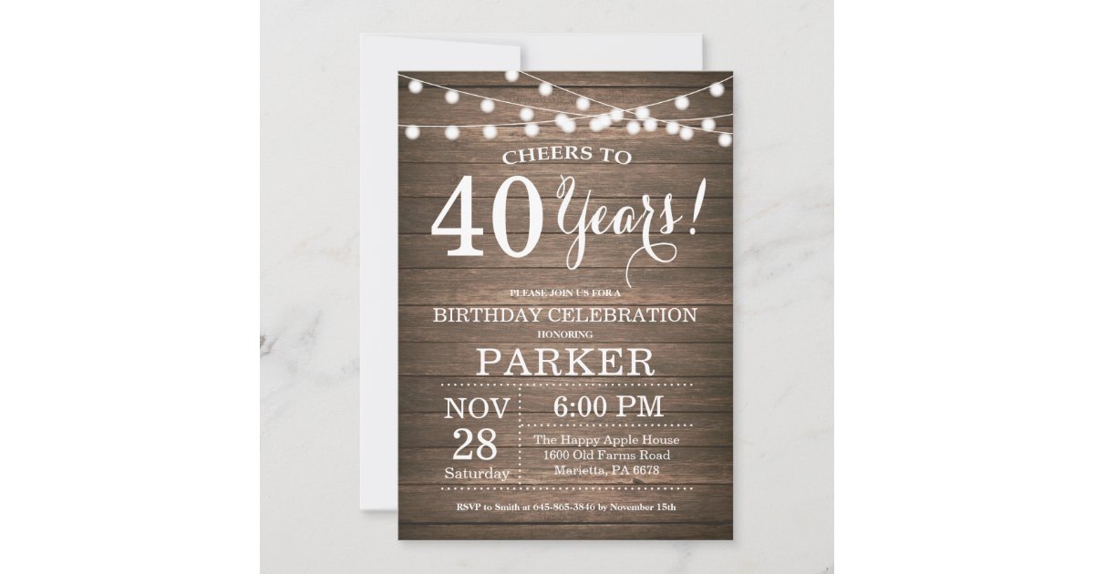 Rustic 40th Birthday Invitation Wood | Zazzle