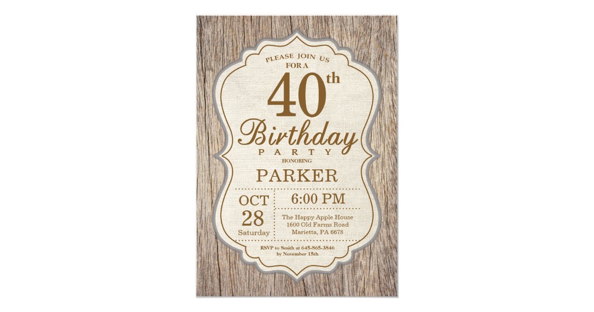 Rustic 40th Birthday Invitation Wood | Zazzle.com