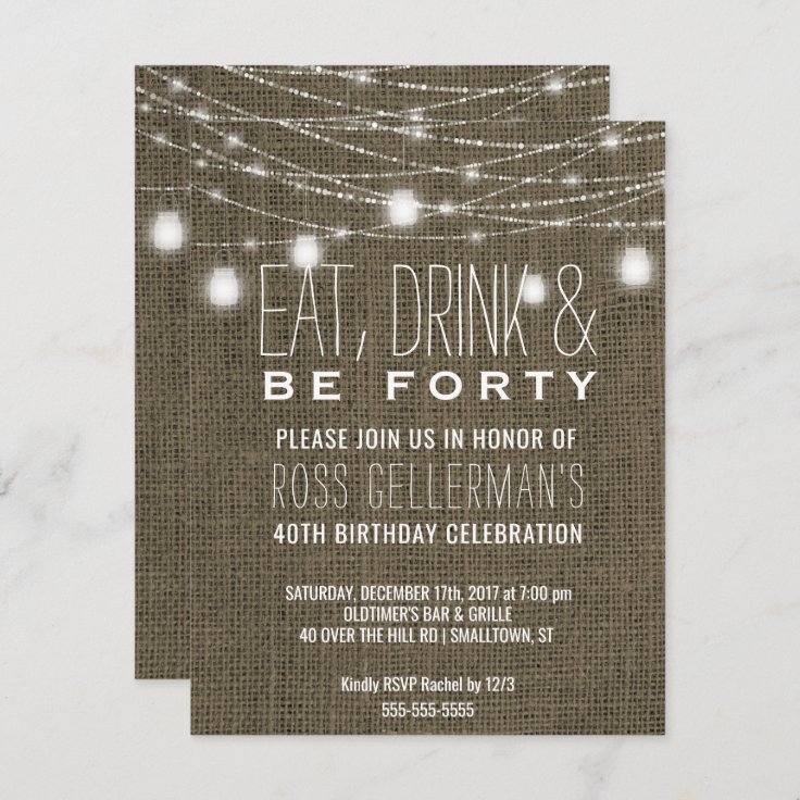 Rustic 40th Birthday Party Burlap String Lights Invitation | Zazzle