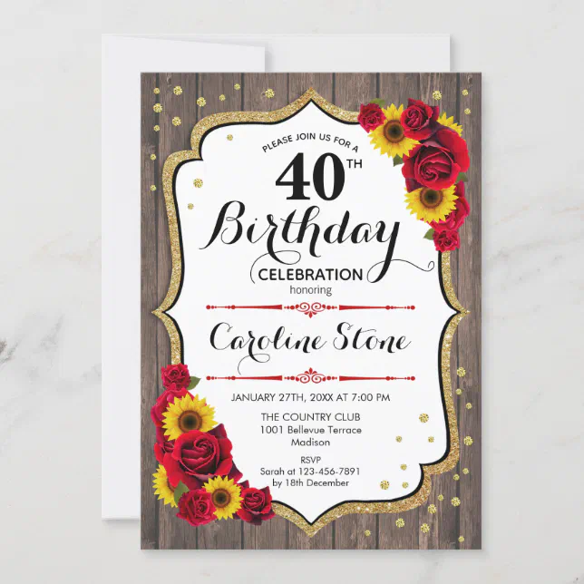 Rustic 40th Birthday - Roses Sunflowers Wood Invitation | Zazzle