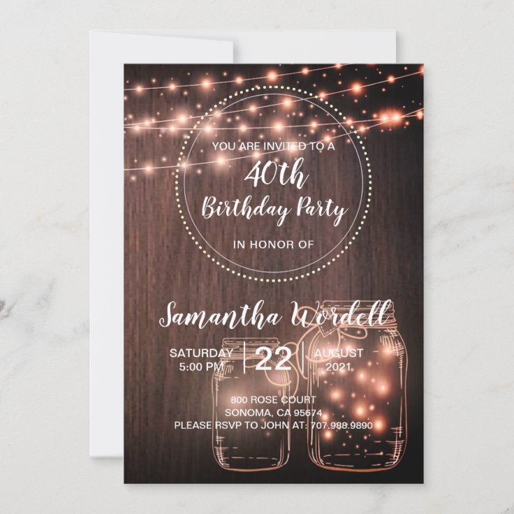 Rustic 40th Birthday String Lights Invitation | Zazzle