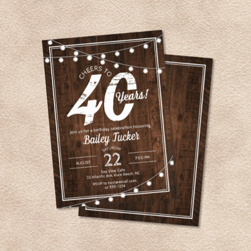 Rustic 40th Birthday with String Lights Party Invitation | Zazzle
