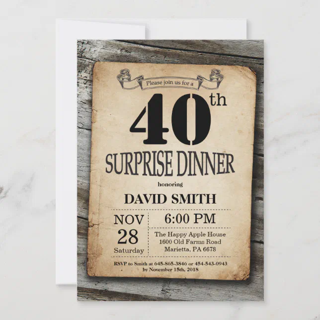 Rustic 40th Surprise Birthday Dinner Vintage Wood Invitation | Zazzle