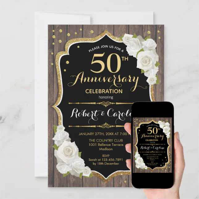 Rustic 50th Anniversary Invitation - Gold Wood | Zazzle