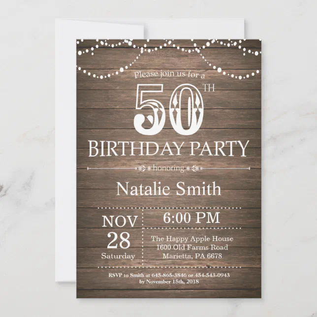 Rustic 50th Birthday Invitation String Lights | Zazzle