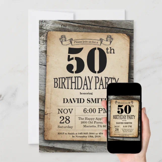 Rustic 50th Birthday Invitation Vintage Wood | Zazzle