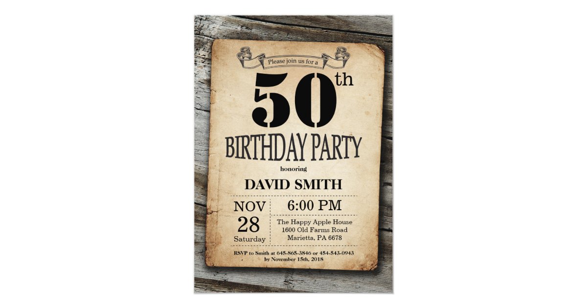 Rustic 50th Birthday Invitation Vintage Wood | Zazzle.com