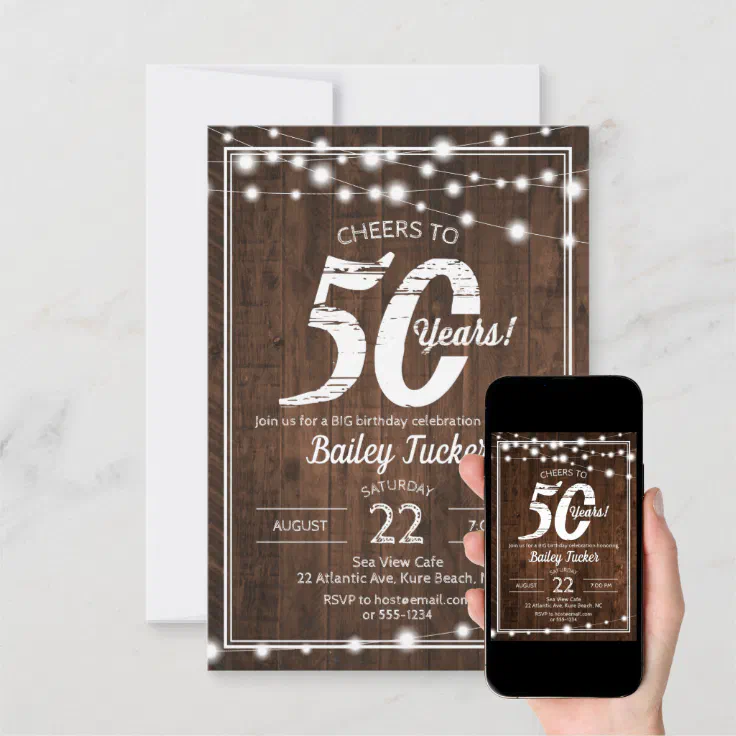 Rustic 50th Birthday String Lights Birthday Party Invitation | Zazzle