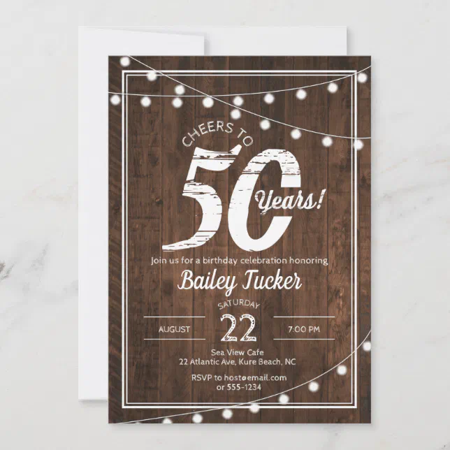 Rustic 50th Birthday with String Lights Party Invitation | Zazzle