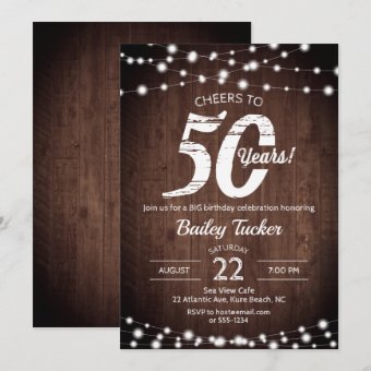 Rustic 50th Birthday Wood & String Lights Birthday Invitation | Zazzle