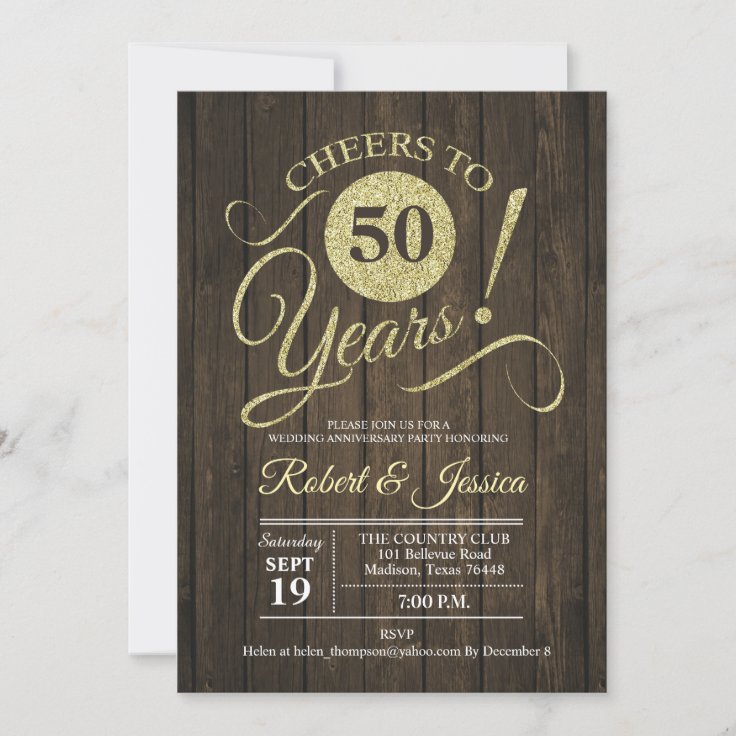 Rustic 50th Wedding Anniversary Gold with Wood Invitation | Zazzle