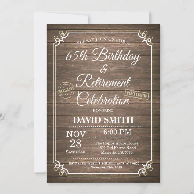 Rustic 65th Birthday and Retirement Party Invitation | Zazzle