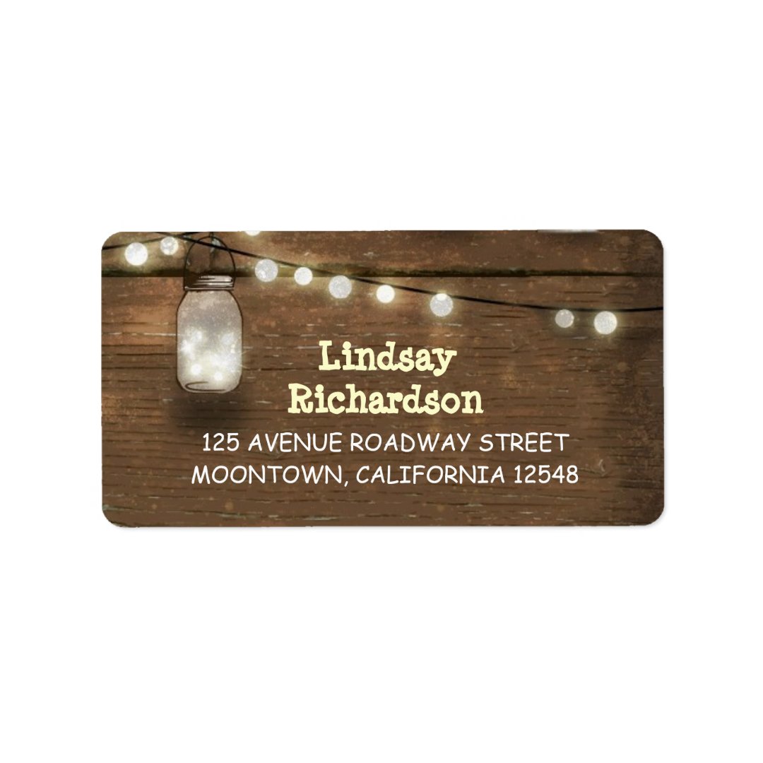 rustic address labels with string lights mason jar | Zazzle