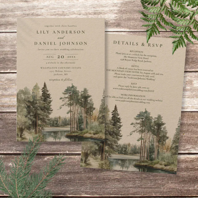 Rustic All In One Watercolor Lake Forest Wedding Invitation | Zazzle