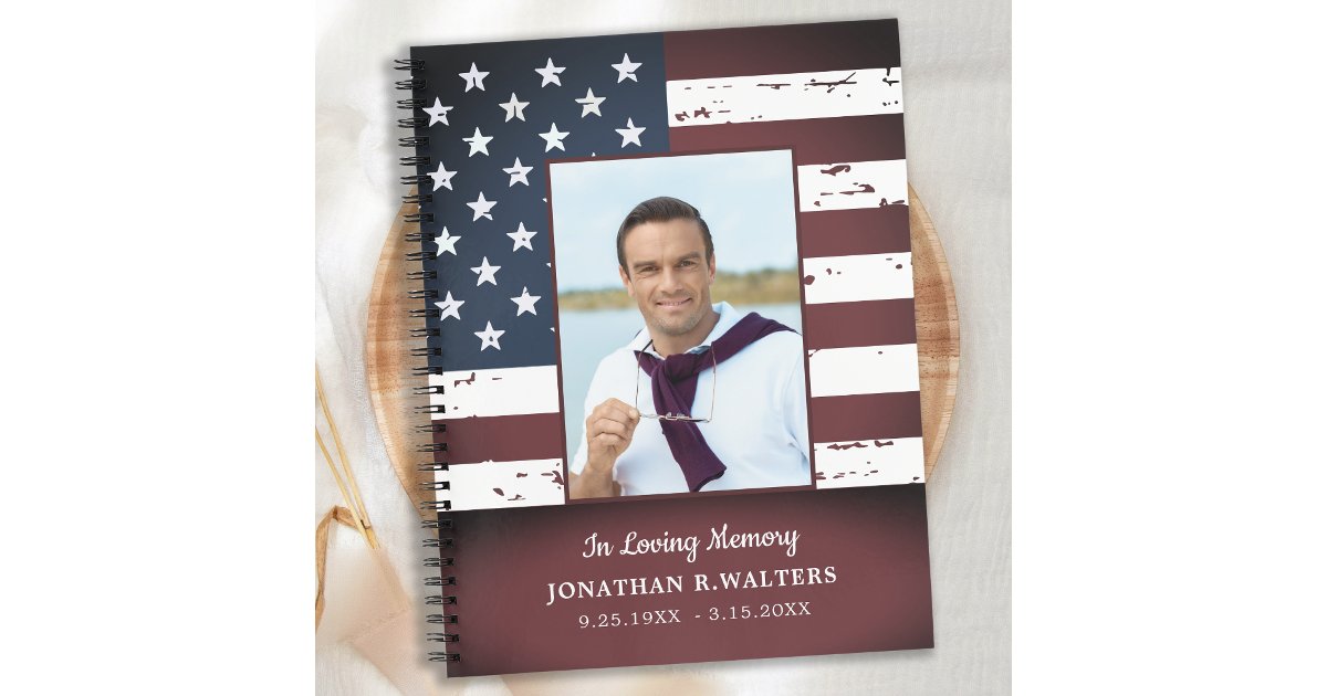 Rustic American Flag Military Funeral Guestbook Notebook | Zazzle