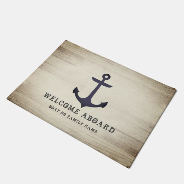 Rustic Anchor Welcome Aboard Gray Wood Nautical Doormat | Zazzle