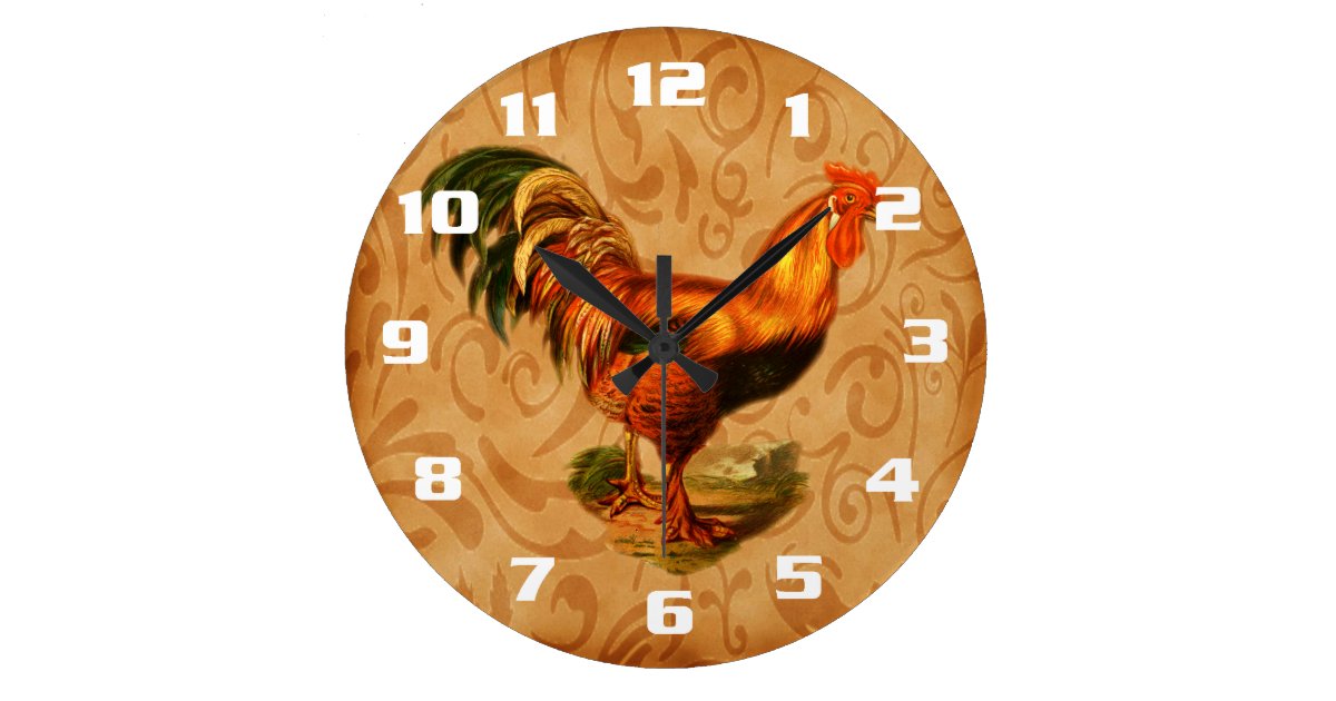 Rustic and Vintage Country Rooster Kitchen Large Clock | Zazzle