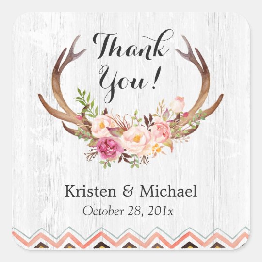 Rustic Antler Boho Floral White Wood Thank You Square Sticker | Zazzle.com
