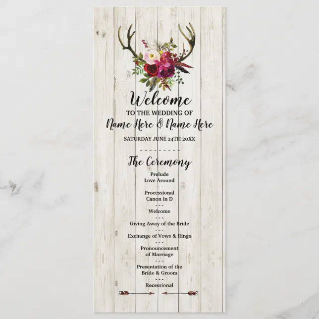 Rustic Antler Wood Flowers Floral Wedding Program | Zazzle