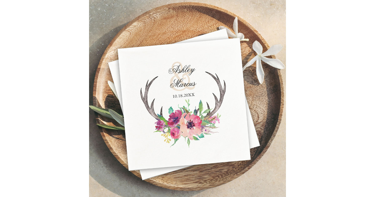 Rustic Antlers Boho Floral Allure Paper Napkins | Zazzle