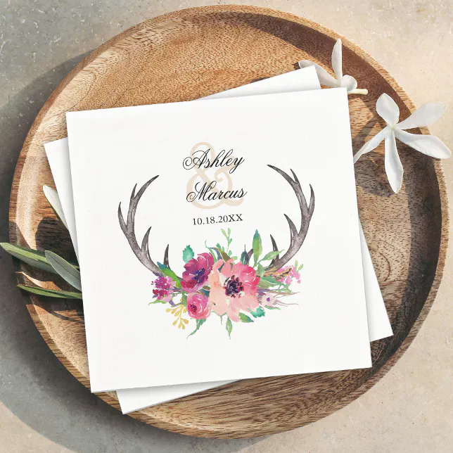 Rustic Antlers Boho Floral Allure Paper Napkins | Zazzle