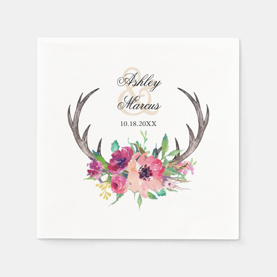 Rustic Antlers Boho Floral Allure Paper Napkins | Zazzle