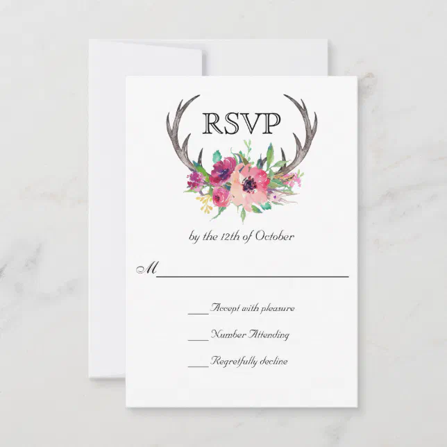 Rustic Antlers Boho Floral Allure Wedding RSVP Card | Zazzle