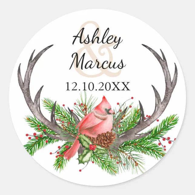 Rustic Antlers Boho Woodland Winter Classic Round Sticker | Zazzle