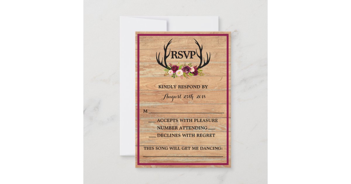 Rustic Antlers Floral Burgundy Wood Response/RSVP RSVP Card | Zazzle.com