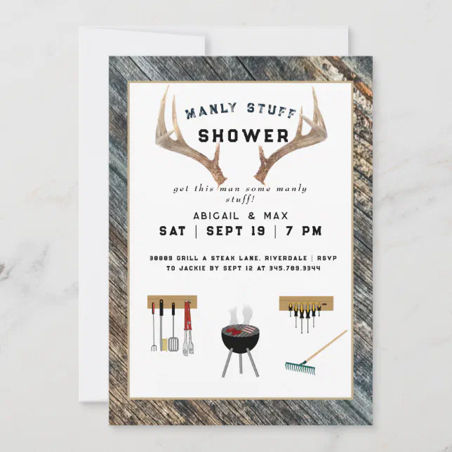 Rustic Antlers Manly Stuff Couples Wedding Shower Invitation | Zazzle