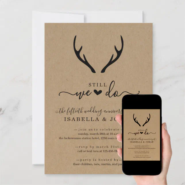 Rustic Antlers Wedding Anniversary Invitation | Zazzle
