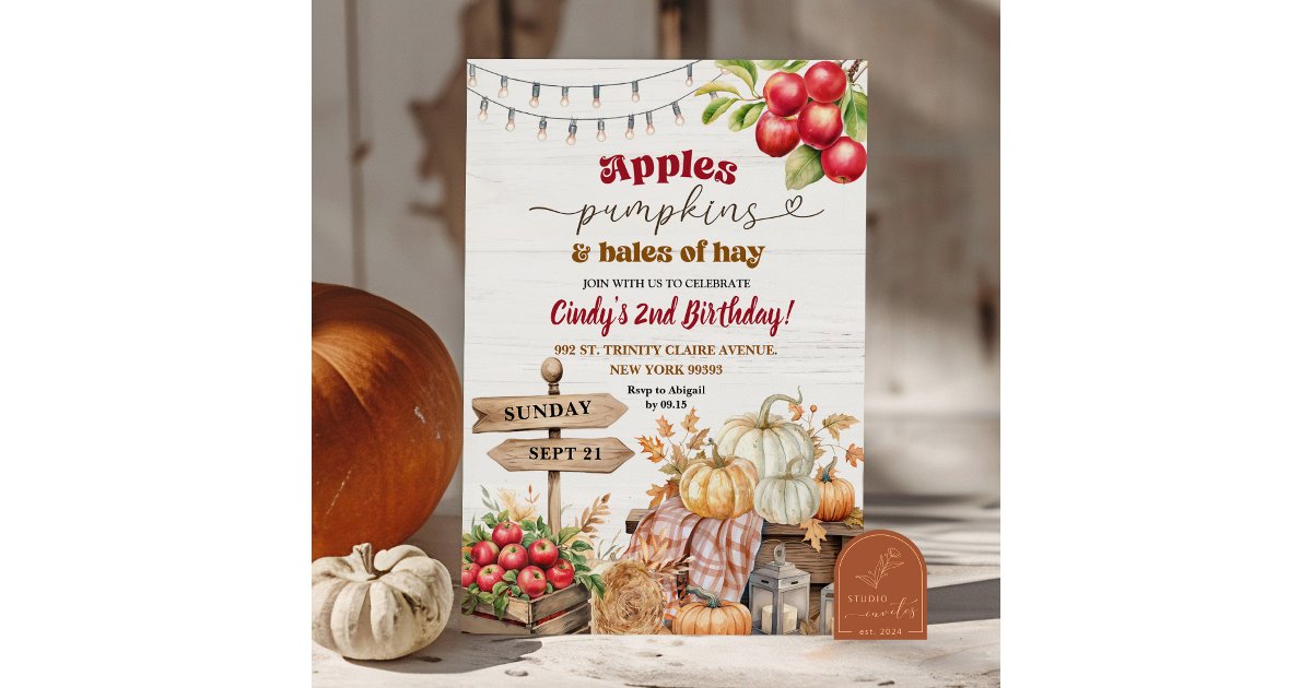 Rustic Apples, Pumpkins, and Bales of Hay Birthday Invitation | Zazzle