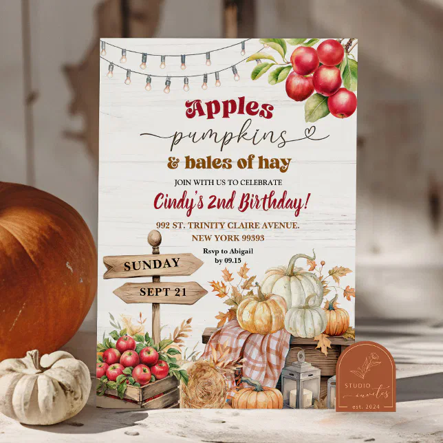 Rustic Apples, Pumpkins, and Bales of Hay Birthday Invitation | Zazzle