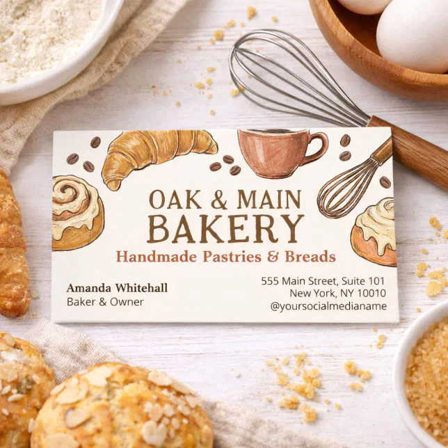Rustic Artisan Bakery Hand-Drawn Pastries & Breads Business Card | Zazzle