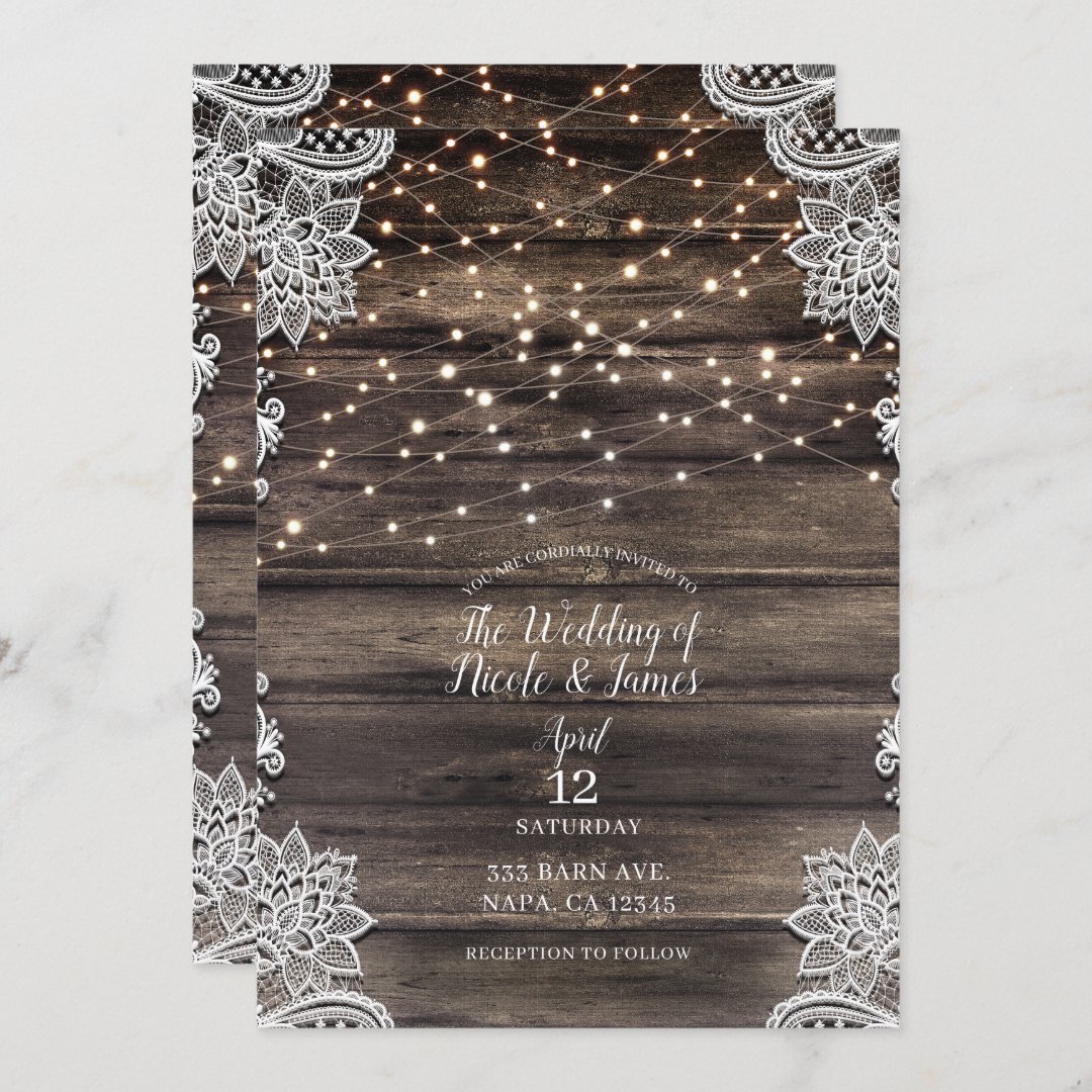 Rustic Ash Brown Wood Lace String Lights Wedding Invitation | Zazzle