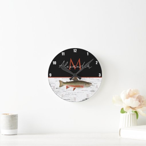 Rustic Aspen Bark Trout Fisherman Lake House Round Clock | Zazzle